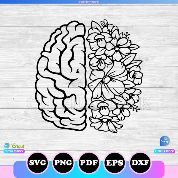 Floral Brain Svg Outline, Png, Dxf, Cricut, Brain and Flowers Svg