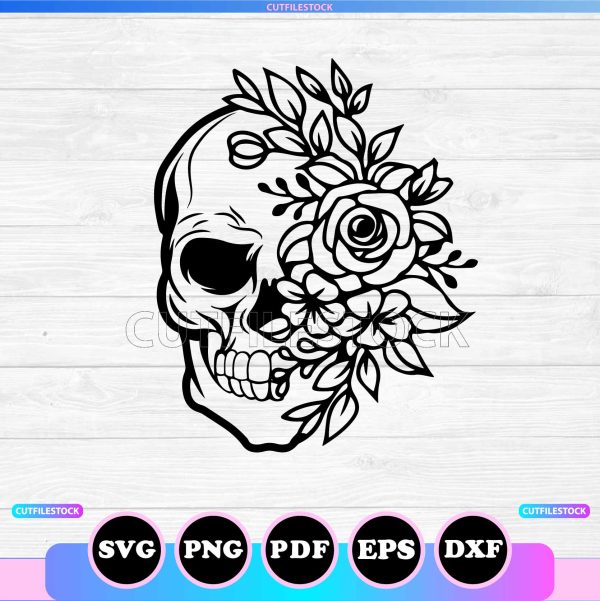 Floral Sugar Skull Svg Outline, Png, Cricut, Skull Flower Svg