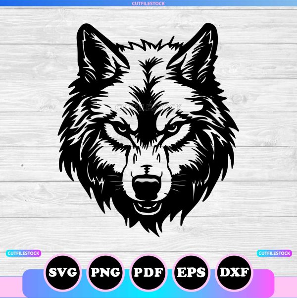 Wolf Head Svg, Png, Dxf, Eps, Pdf, Silhouette Wolf Face Svg